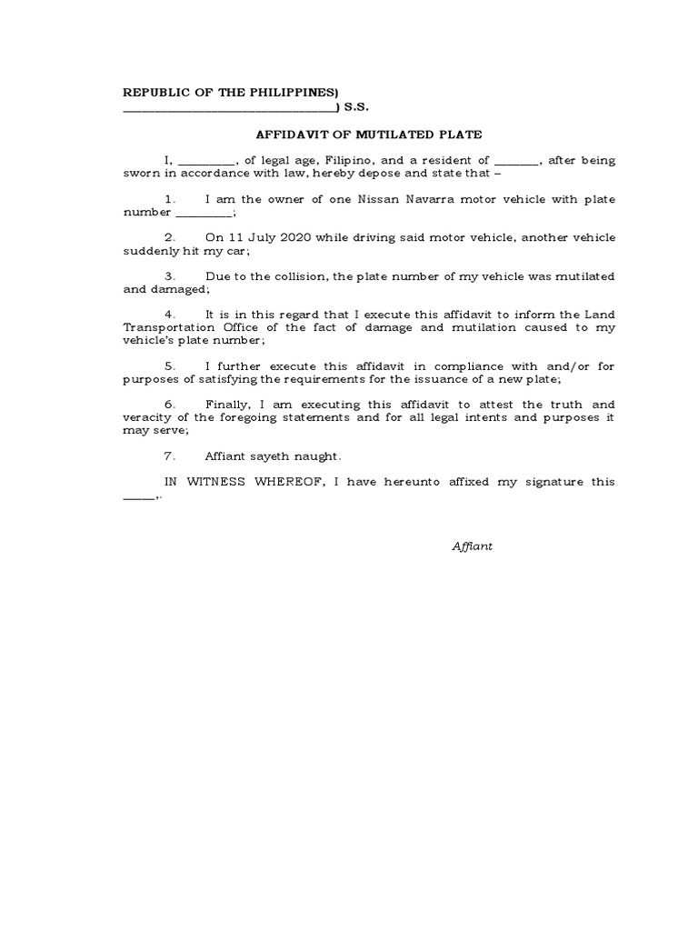 Affidavit of Mutilated Plate - LTO | PDF | Law