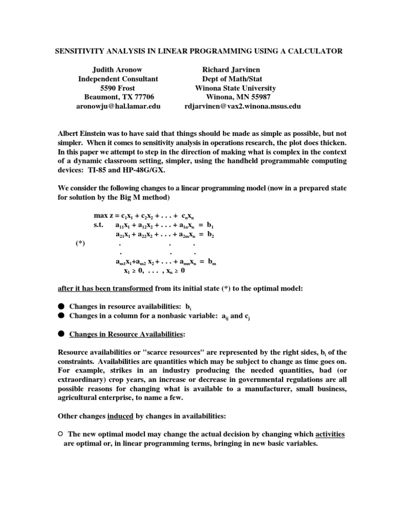 Sensitivity Analysis in Linear Programming Using A Calculator | PDF ...