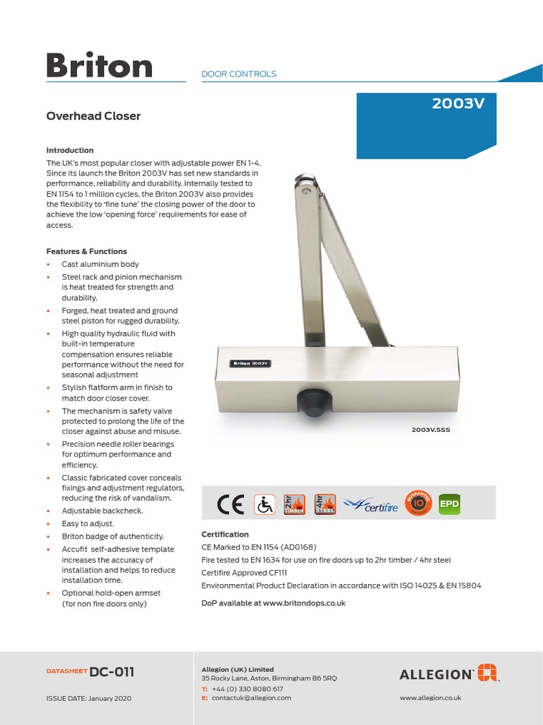 Technical Datasheet Briton 2003V DC - 011 | PDF | Door | Mechanical Engineering