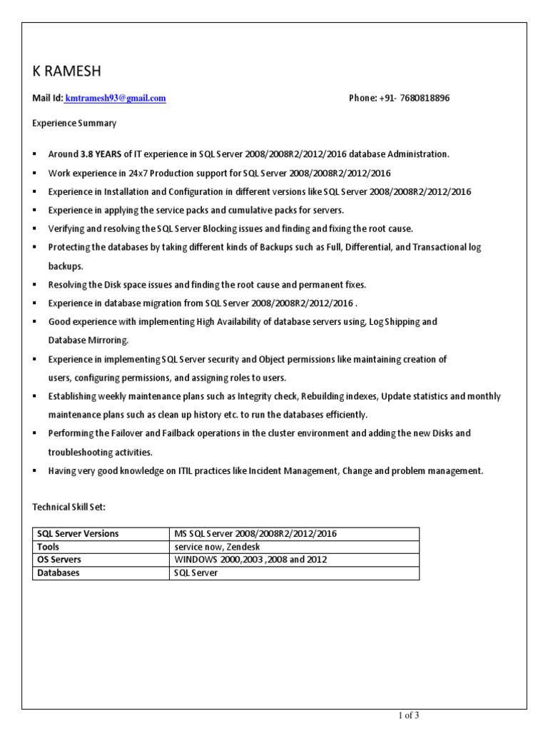 SQL Server DBA K Ramesh Resume | PDF | Databases | Microsoft Sql Server