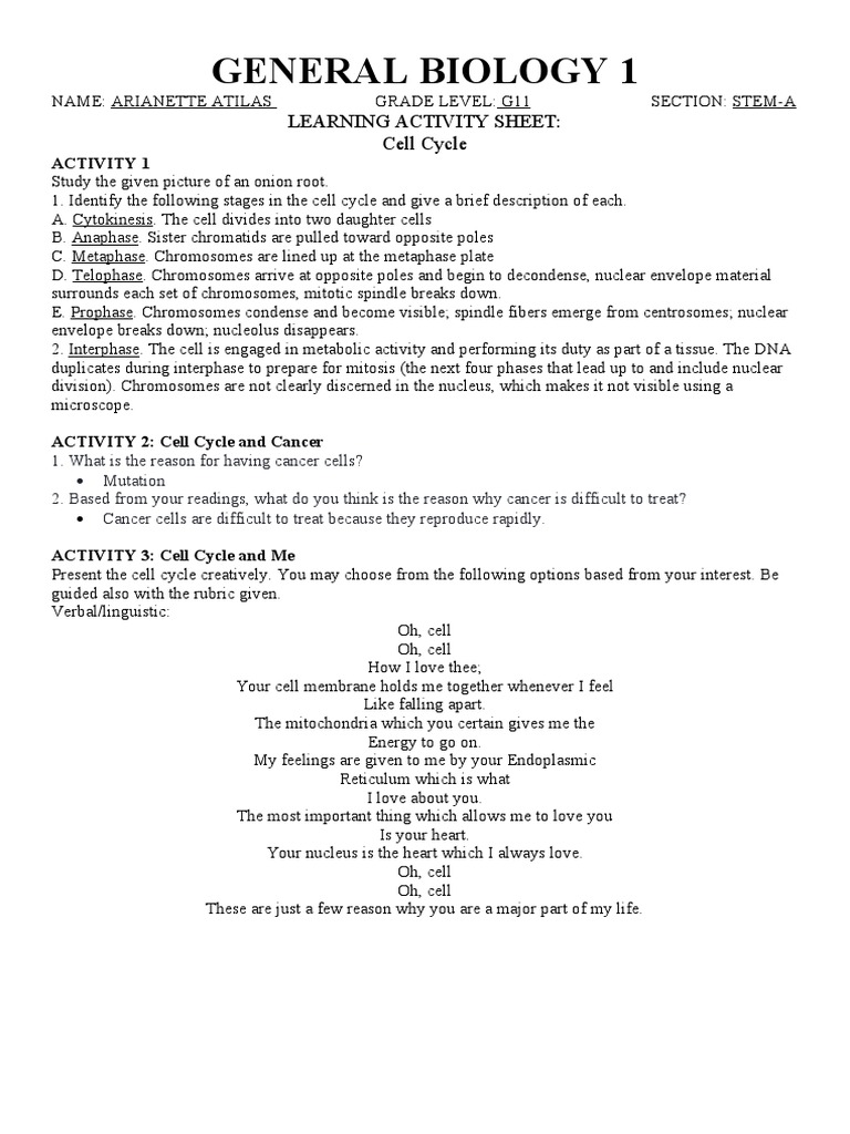 General Biology 1: Learning Activity Sheet: Cell Cycle | PDF | Mitosis ...
