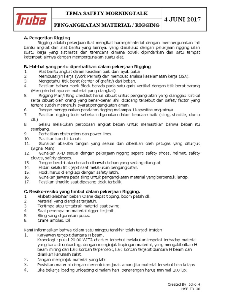 HSE Alert Rigging Safety 3 Juni 17 | PDF