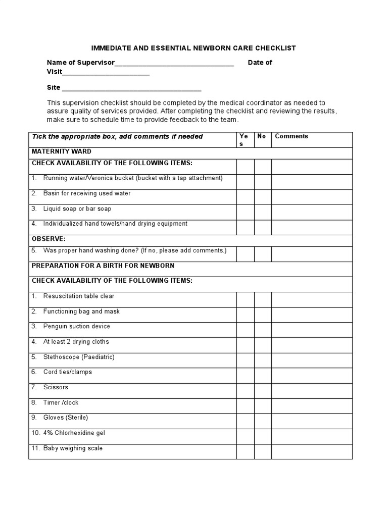 Immediate and Essential Newborn Care Checklist - Docx 1 | PDF ...