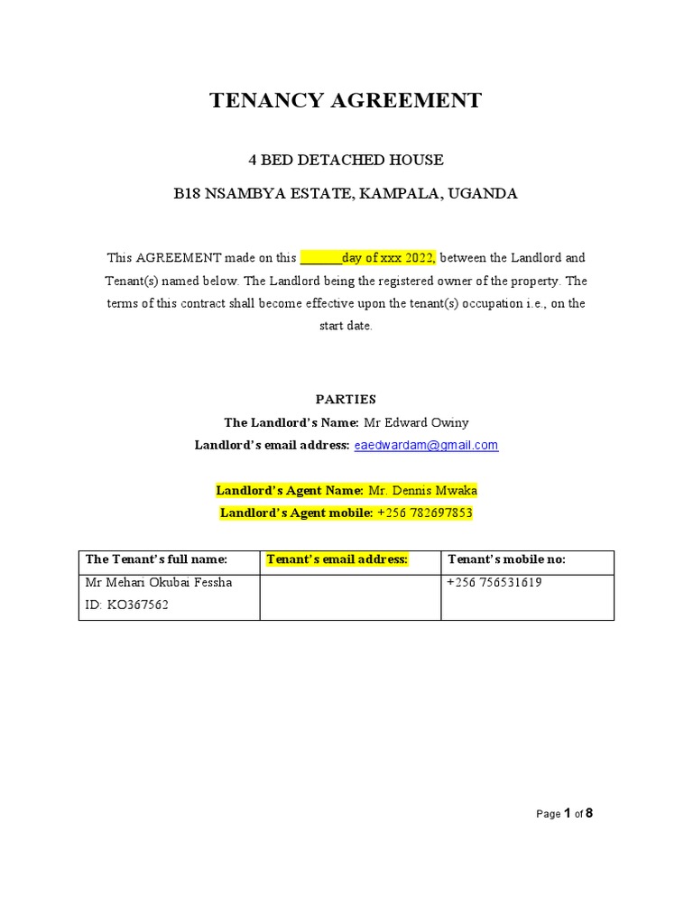 Tenancy Agreement - Nsambya - 2022 - For Review | PDF