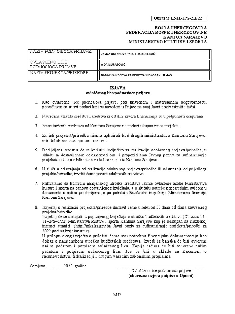 Obrazac 12-11-jps-2.1-22 Izjava Ovlascenog Lica Podnosioca Prijave | PDF