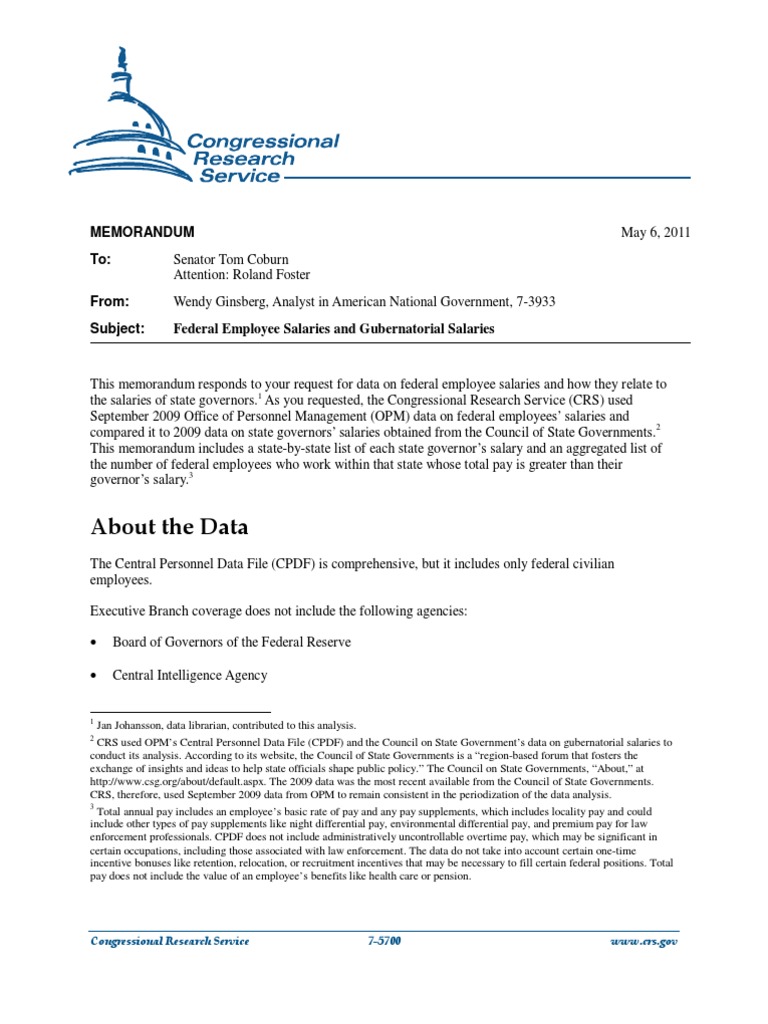 CRS Report: Federal Employee Salaries and Gubernatorial Salaries | PDF ...