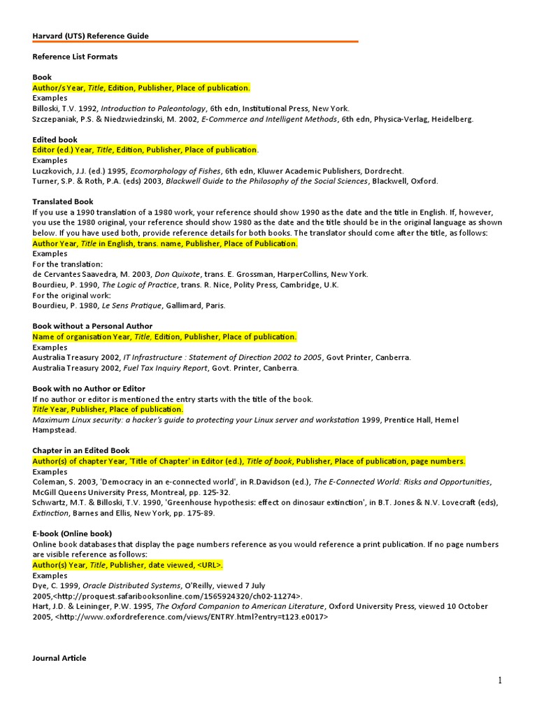 Harvard (UTS) Reference Guide Reference List Formats Book | PDF ...