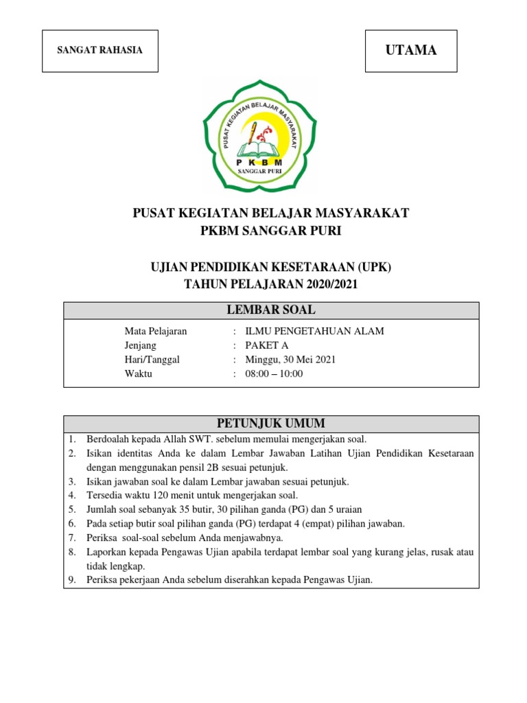 Soal UPK IPA Paket A 2020/2021 | PDF