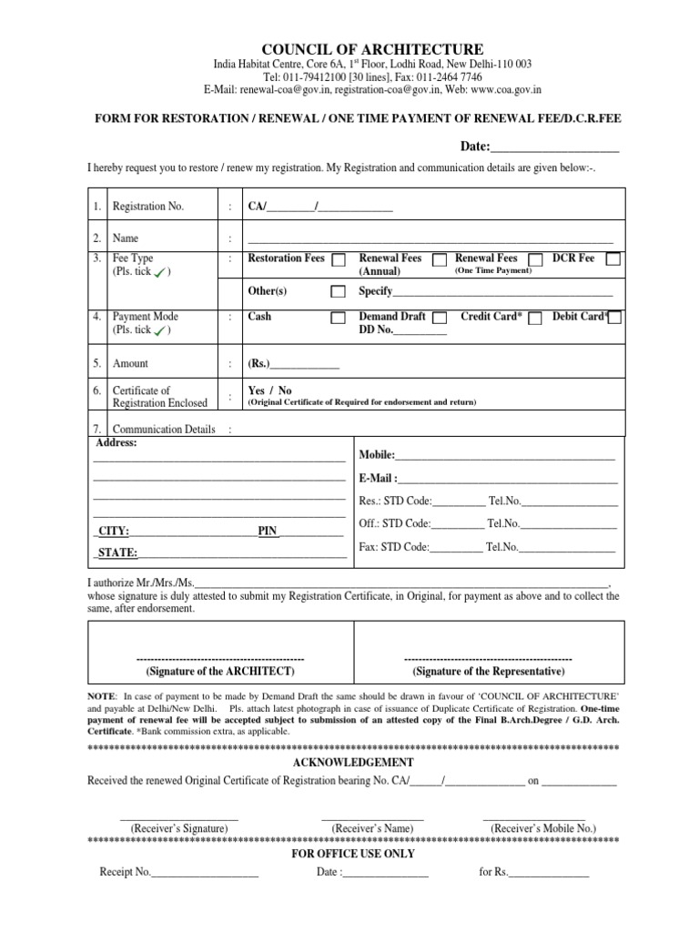 Council of Architecture: Form For Restoration / Renewal / One Time ...