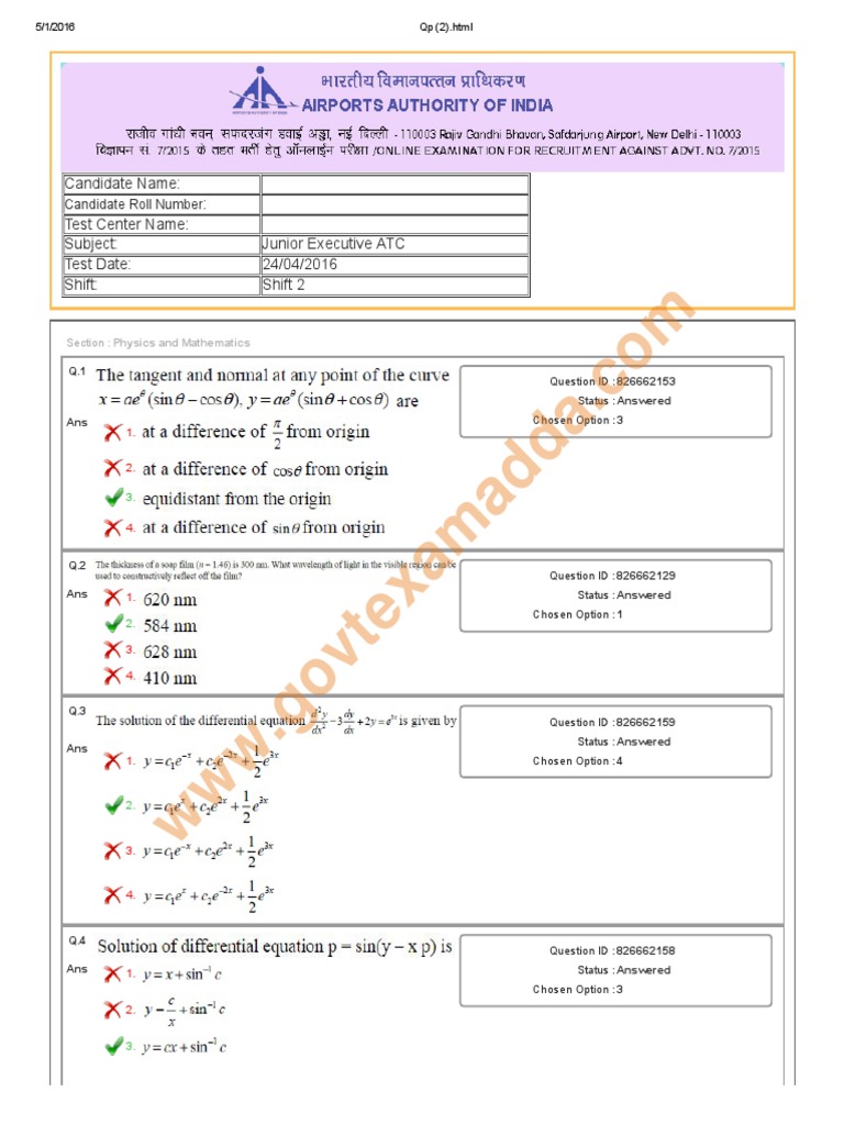 Junior Executive ATC Exam Questions | PDF