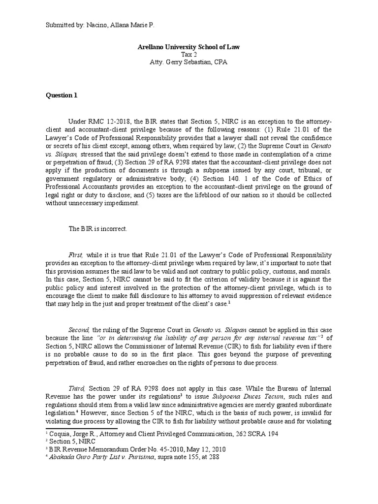 Assignment 1 - Nacino, Allana Marie P. | PDF | Internal Revenue Service ...