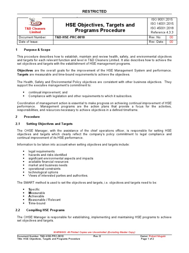 T&D-HSE-PRC-0010 HSE Objectives Targets and Programs Procedure | PDF ...