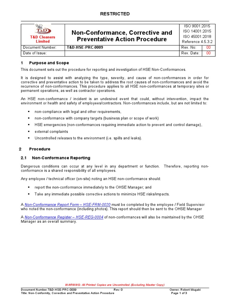 T&D-HSE-PRC-0009 Non-Conformance, Corrective and Preventative Action ...