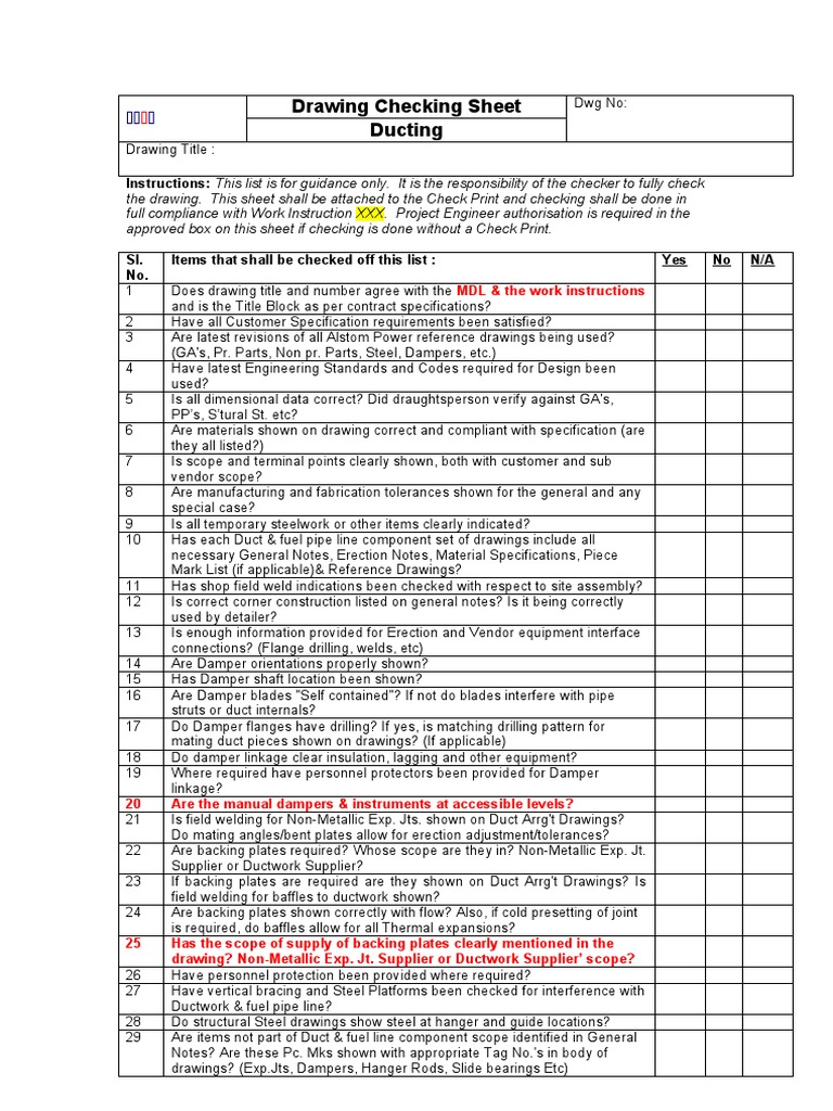 Drawing Checking Sheet Ducting | PDF | Duct (Flow) | Specification ...
