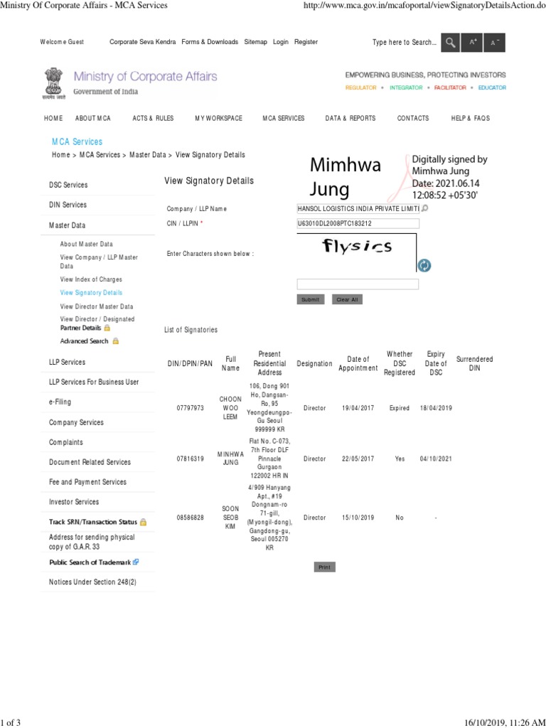 1hansol MCA Signatory Details | PDF | Computing | Cyberspace