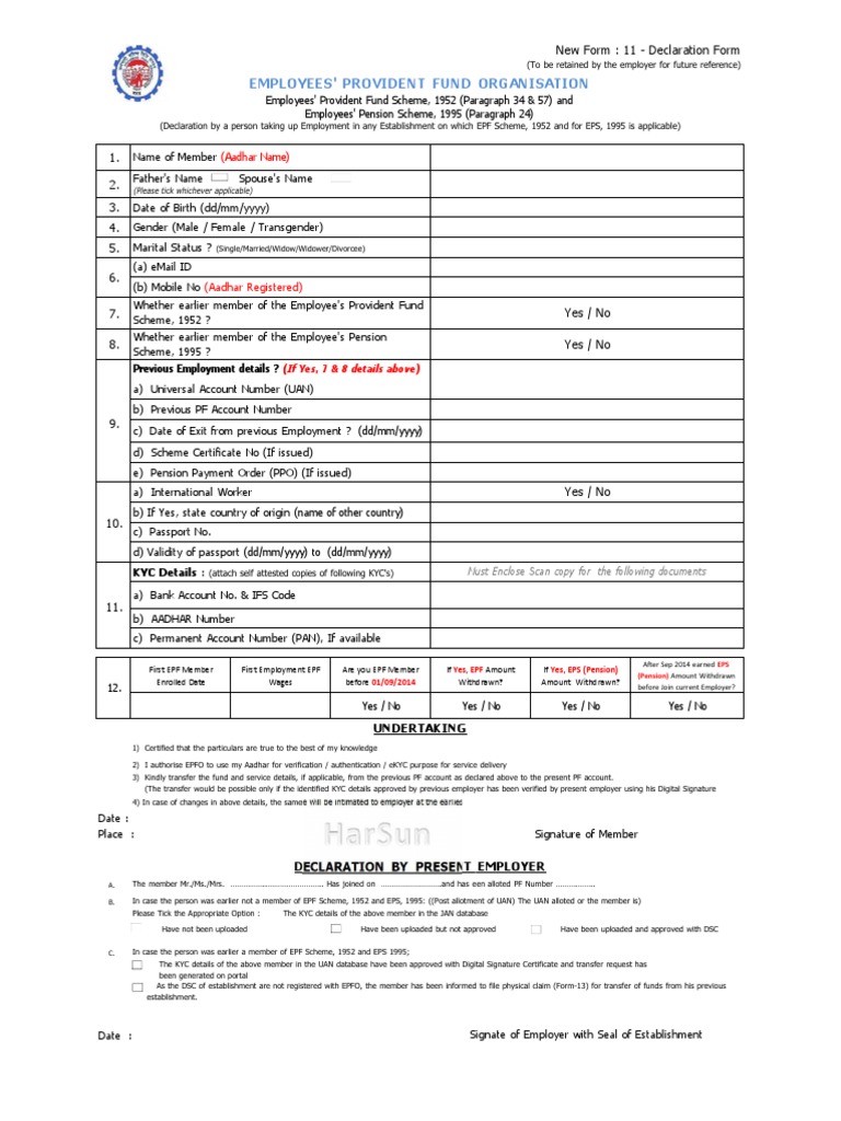 EPF - New Form No. 11 - Declaration Form | PDF