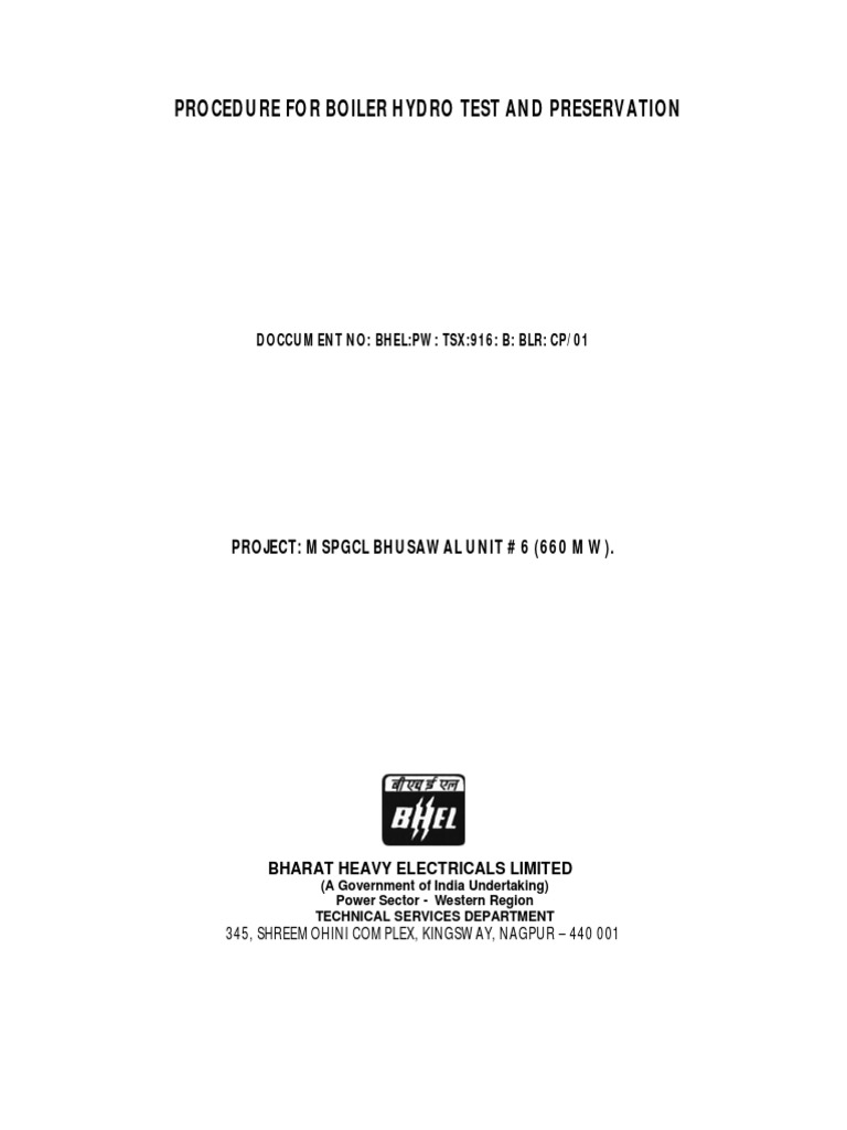 660 MW Procedure For Boiler Hydrotest Bhusawal | PDF