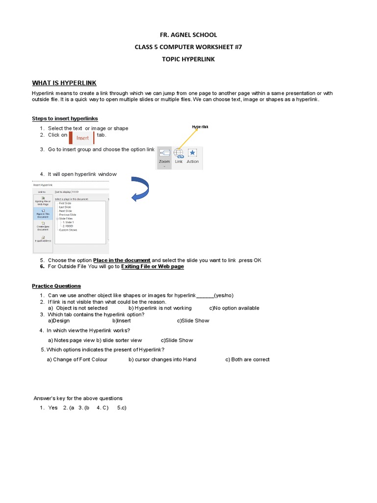 Fr. Agnel School Class 5 Computer Worksheet #7 Topic Hyperlink | PDF ...