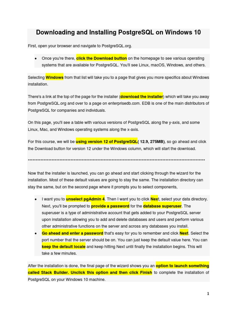 Downloading and Installing Postgresql On Windows 10 | PDF | Postgre Sql | Installation (Computer ...