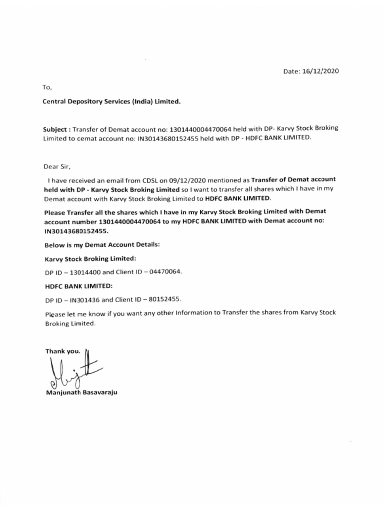 Request Letter To CDSL To Transfer The Securities | PDF