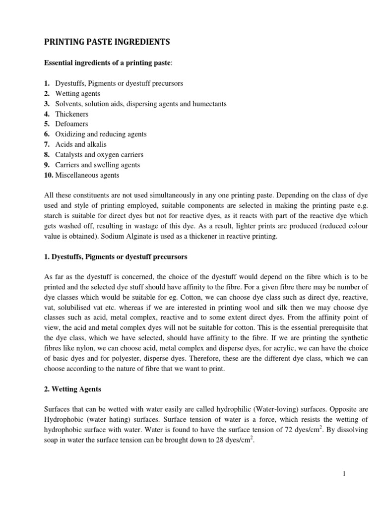 Printing Paste Ingredients | PDF | Dye | Ammonium