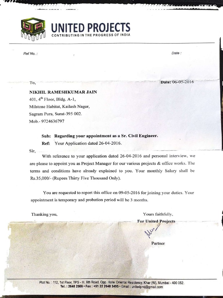 United Projects Appointment Letter | PDF
