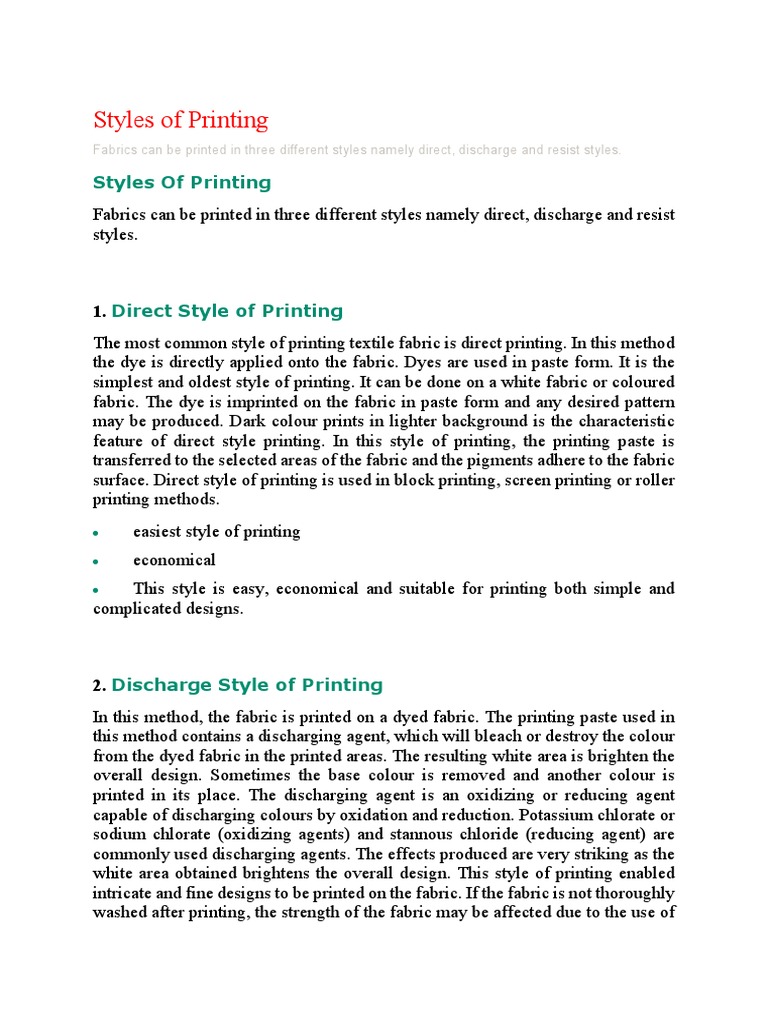 Styles of Printing | PDF | Textiles | Dye
