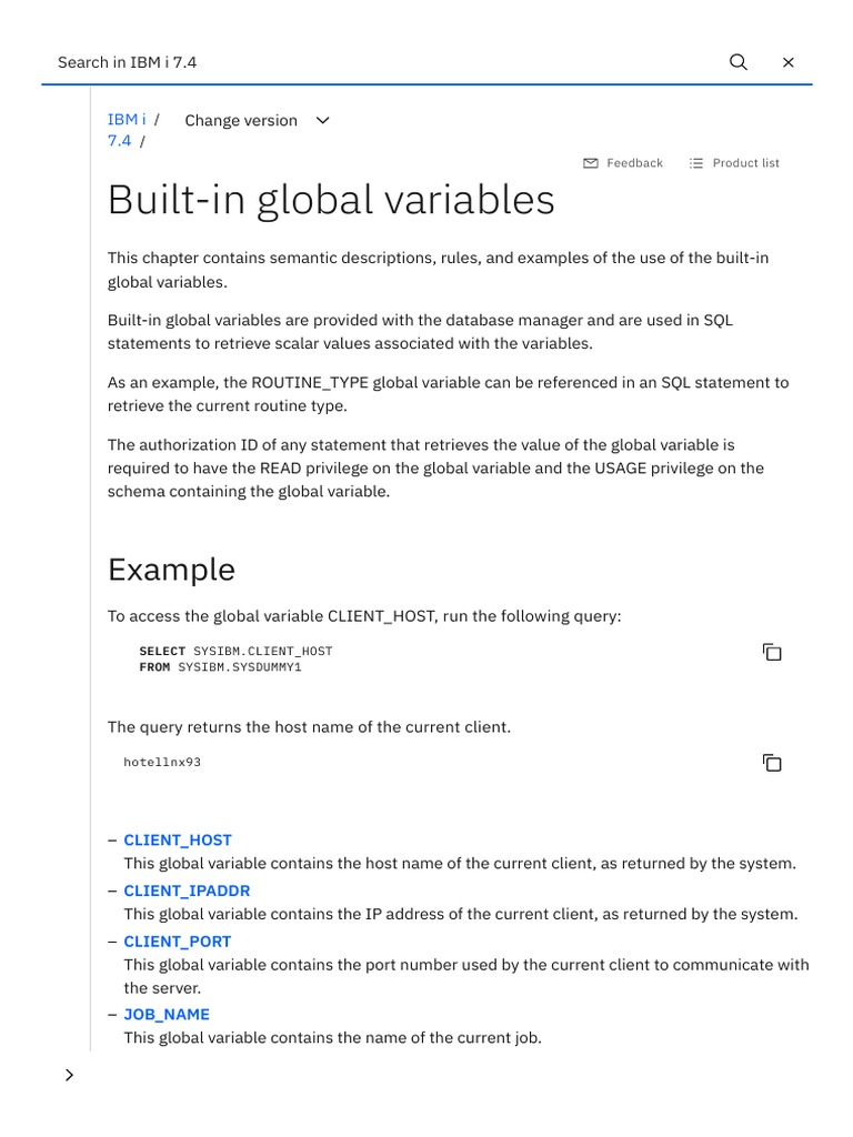 Built-In Global Variables V7R4 | PDF | Sql | Variable (Computer Science)