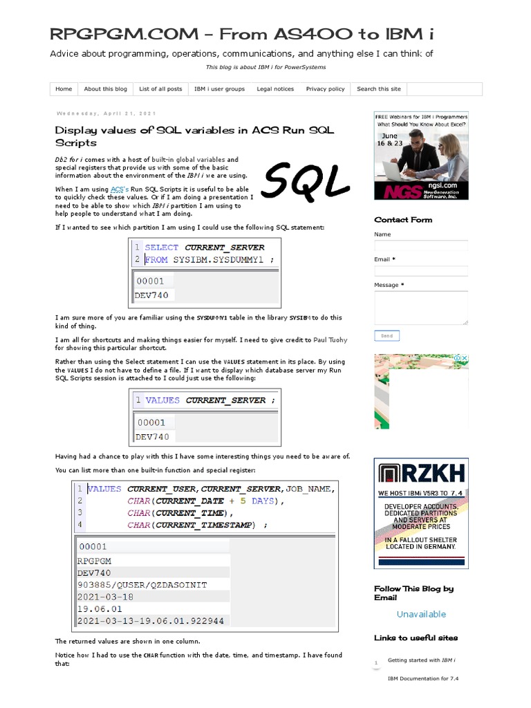Display Values of SQL Variables in ACS Run SQL Scripts | PDF
