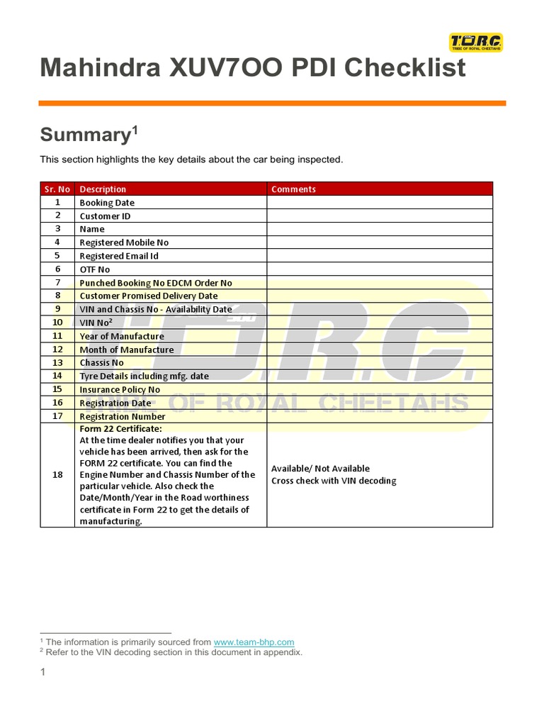 Mahindra XUV700 PDI Checklist Guide | PDF | Tire | Receipt