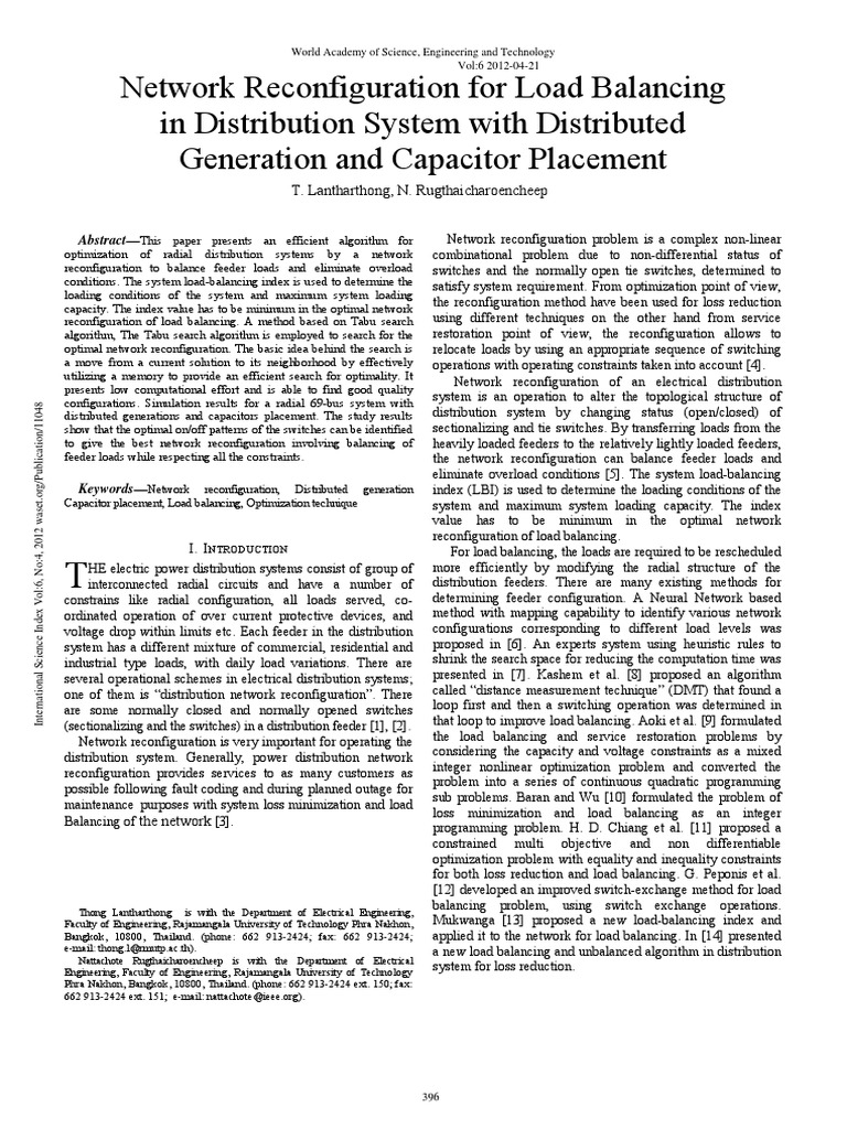 Network Reconfiguration For Load Balancing in Distribution System With Distributed Generation ...