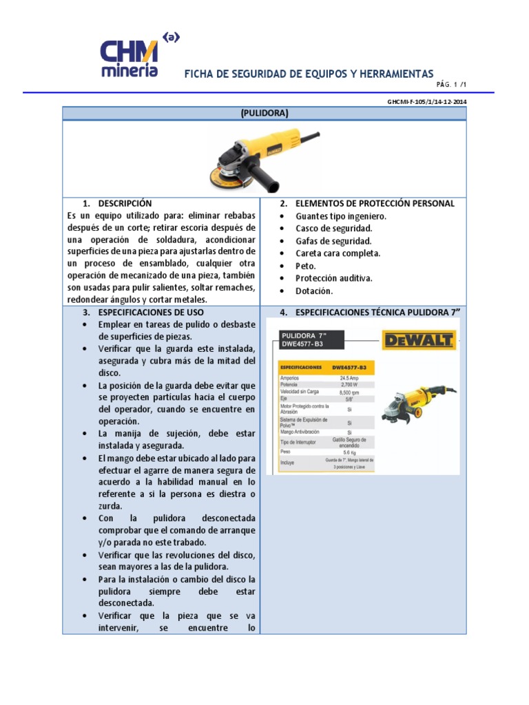 Ficha Técnica de Herramienta Pulidora | PDF