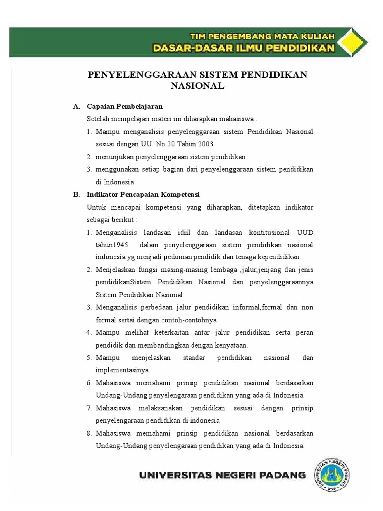 Penyelenggaraan Sistem Pendidikan Nasional | PDF