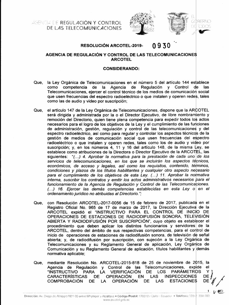 Resolucion-ARCOTEL-2019-0930 (Instructivo Inicio de Operación) +++ | PDF