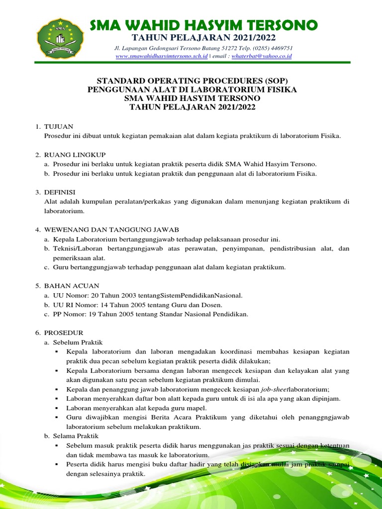 STANDAR OPERASI PENGGUNAAN ALAT DI LABORATORIUM FISIKA SMA WAHID HASYIM ...