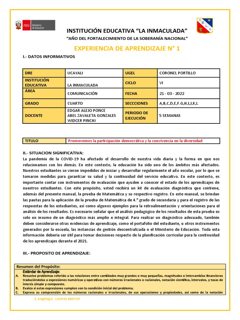 Experiencia de Aprendizaje N°1 Matematica - 2022 | PDF