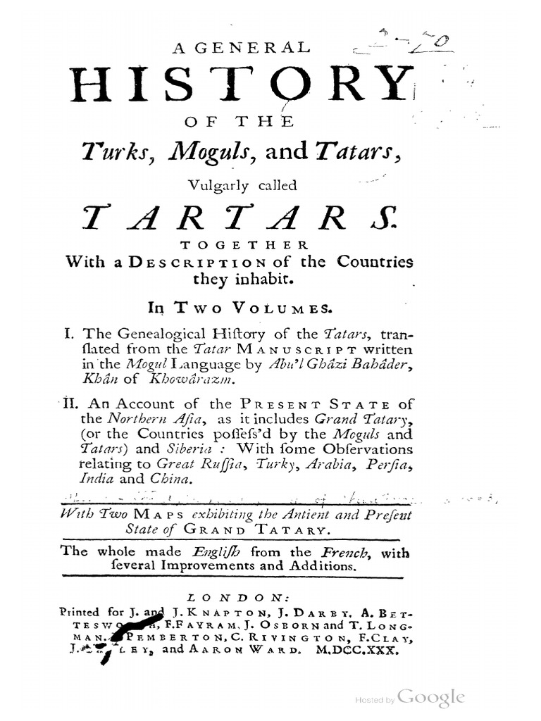 1730 History of Turks Moguls and Tatars Vol 1 by Abul Ghazi Bahader ...