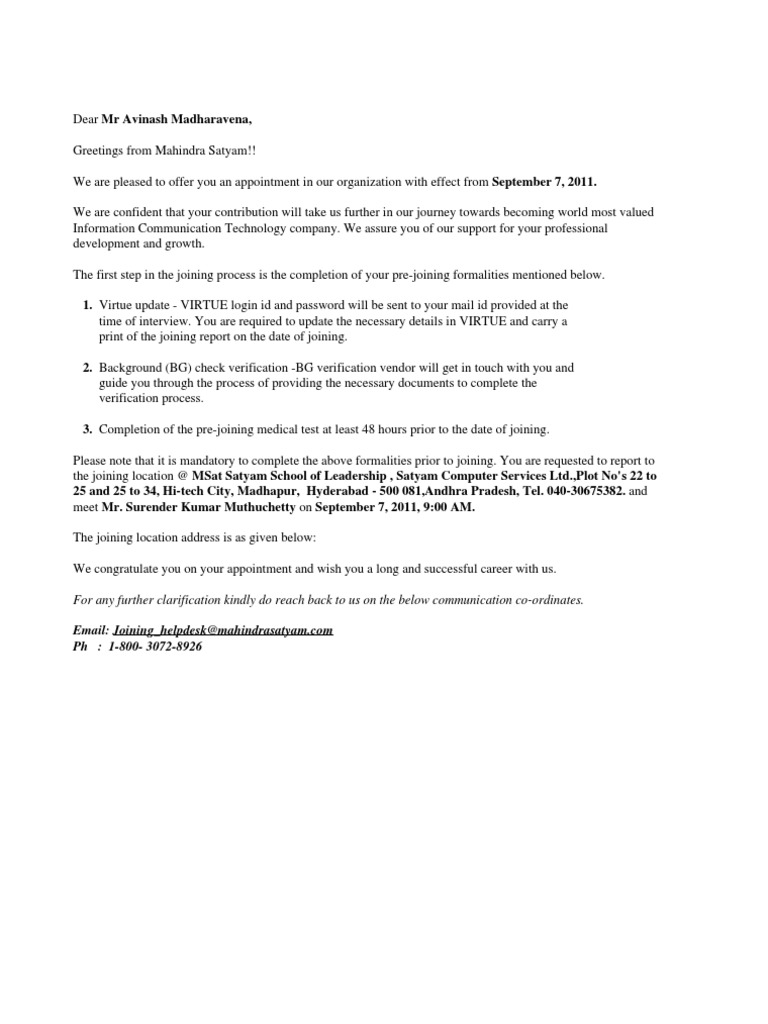 Mahindra Satyam Offer Letter | PDF | Life Insurance | Indemnity