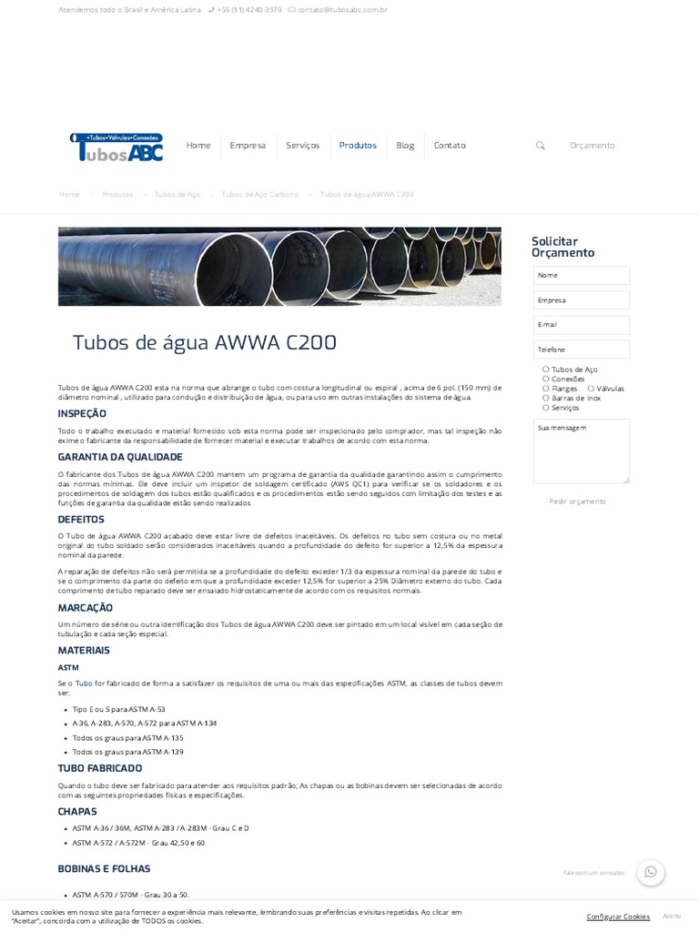 Tubos de Água AWWA C200 - Tubos ABC | PDF