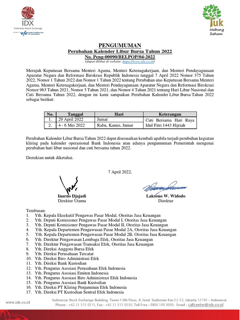 Pengumuman Perubahan Kalender Libur Bursa Tahun 2022 | PDF