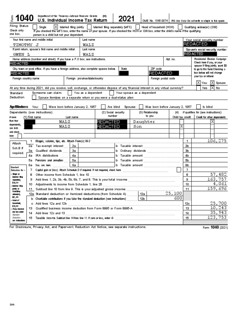 Gov. Walz 2021 Tax Returns - Redacted | PDF