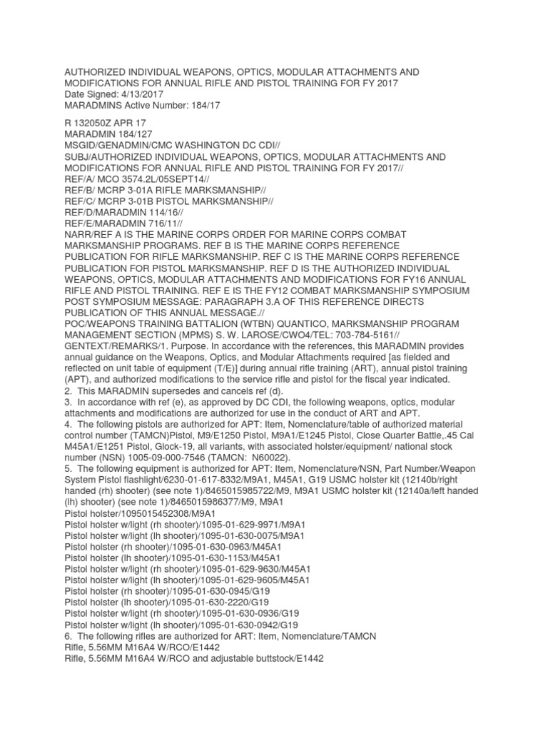 MARADMIN 184-17 FY17 Authorized Weapons Optics and Equipment | PDF