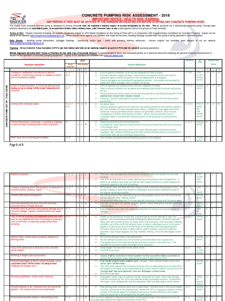 Concrete Pumping Risk Assessment | PDF