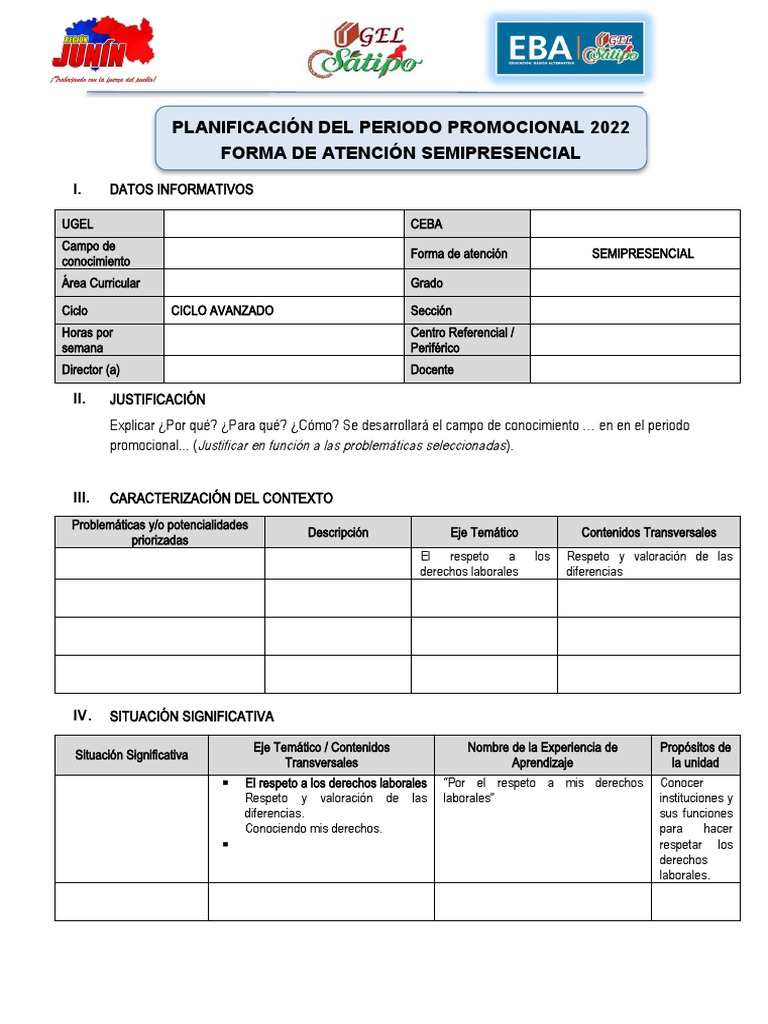 Planificación de Experiencia de Aprendizaje EBA 2022 SEMIPRESENCIAL | PDF