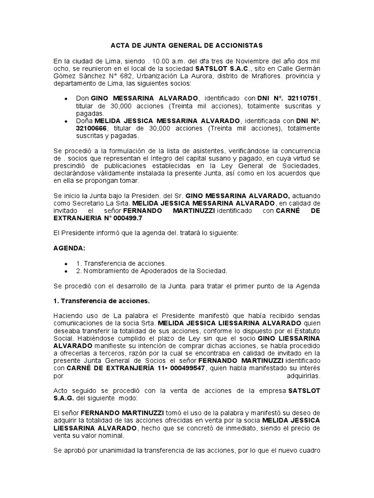 Acta de Junta General de Accionistas - Transferencia de Acciones | PDF Acta de Junta General de Accionistas - Transferencia de Acciones | PDF