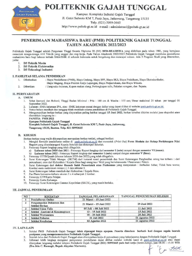 Brosur PMB Poltek GT 2022 | PDF