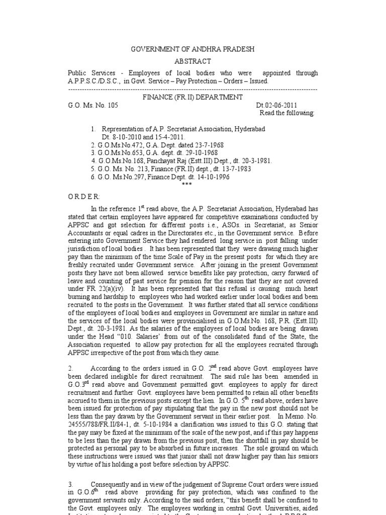 Pay Protection of DSC, Appsc Appointed Employees in Govt Service2011fin ...