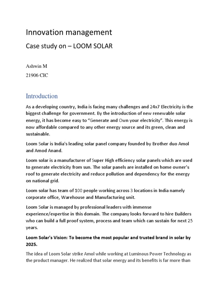 Innovation Management: Case Study On - LOOM SOLAR | PDF