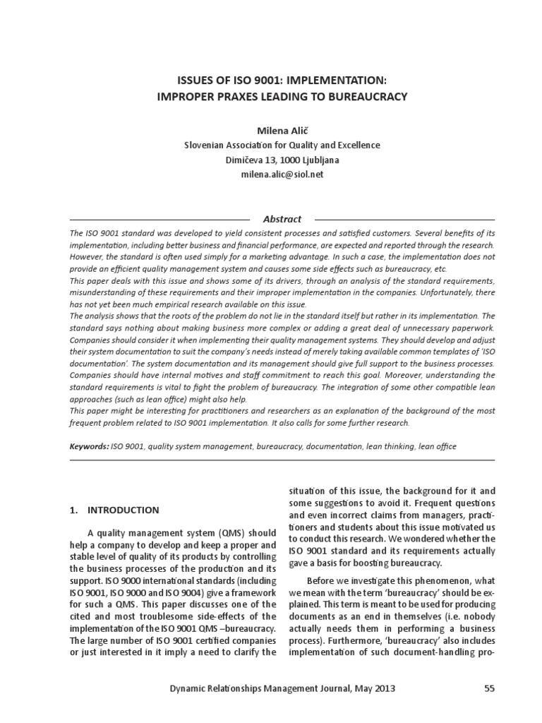 Issues of The ISO 9001 Implementation Improper Pra | PDF