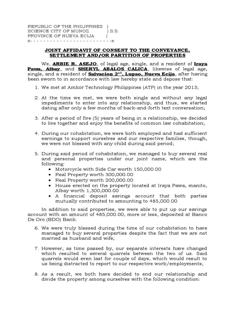 Joint Affidavit of Property Settlement | PDF | Valuation (Finance ...